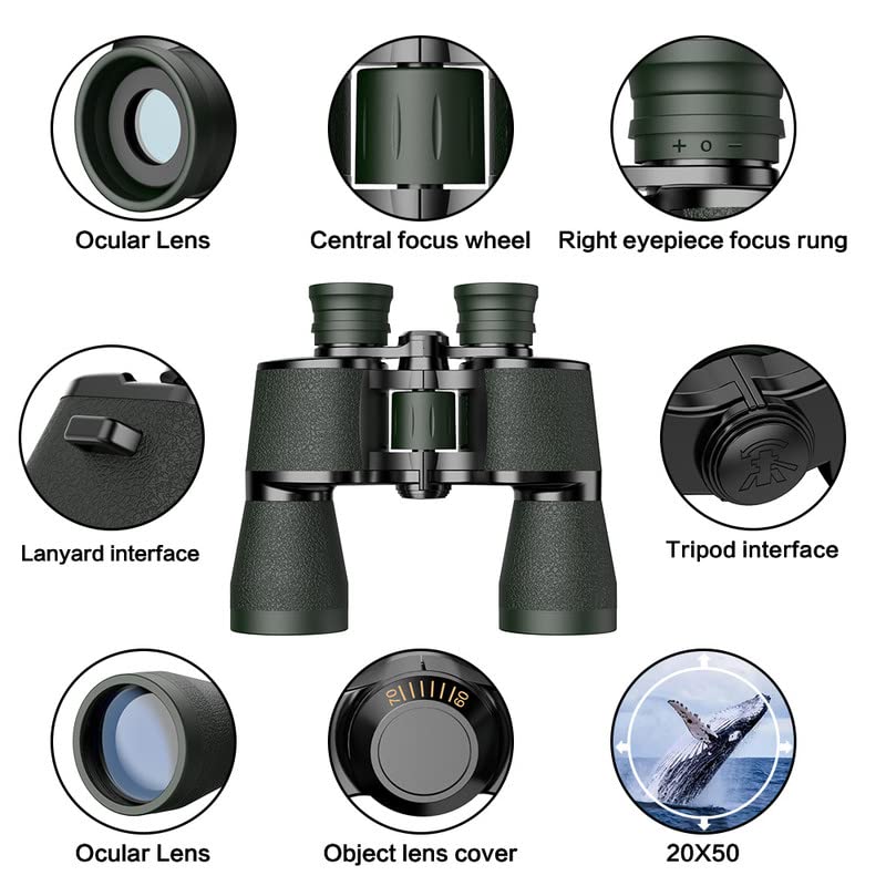 20x50 Waterproof Binocular, HD Professional/Easy Focus for Adults, with Low Light Night Vision, Durable and Clear FMC BAK4 Prism Lens, for Birds Watching Hunting Outdoor Sports