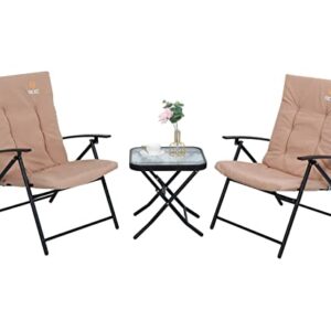 Nice C 3-Piece Patio Dining Set, Outdoor Table Set for 2, Garden Bistro Dining Furniture, 1 Folding Glass Table and 2 Folding Reclining Chairs with Cushion (Beige)