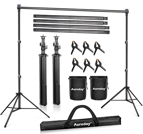 Aureday Backdrop Stand, 10FT Adjustable Photo Backdrop Stand for Parties, Heavy Duty Background Stand with Travel Bag, 6 Backdrop Clamps, 4 Crossbars, 2 Sandbags for Wedding/Decorations/Photoshoot