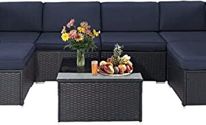 Crownland 7-Piece Outdoor Patio Furniture Sets, All-Weather Black Wicker Rattan Sectional Sofa, Modern Glass Coffee Table and Washable Seat Cushion with YKK Zipper (Dark Blue)