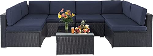 Crownland 7-Piece Outdoor Patio Furniture Sets, All-Weather Black Wicker Rattan Sectional Sofa, Modern Glass Coffee Table and Washable Seat Cushion with YKK Zipper (Dark Blue)