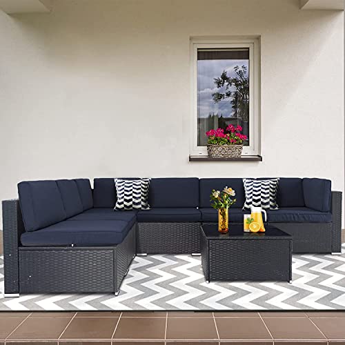 Crownland 7-Piece Outdoor Patio Furniture Sets, All-Weather Black Wicker Rattan Sectional Sofa, Modern Glass Coffee Table and Washable Seat Cushion with YKK Zipper (Dark Blue)