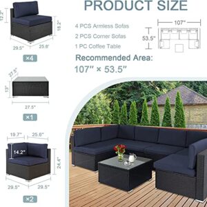 Crownland 7-Piece Outdoor Patio Furniture Sets, All-Weather Black Wicker Rattan Sectional Sofa, Modern Glass Coffee Table and Washable Seat Cushion with YKK Zipper (Dark Blue)