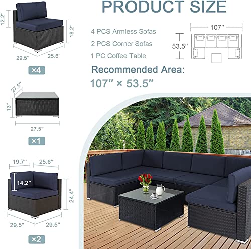 Crownland 7-Piece Outdoor Patio Furniture Sets, All-Weather Black Wicker Rattan Sectional Sofa, Modern Glass Coffee Table and Washable Seat Cushion with YKK Zipper (Dark Blue)