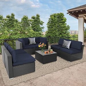 Crownland 7-Piece Outdoor Patio Furniture Sets, All-Weather Black Wicker Rattan Sectional Sofa, Modern Glass Coffee Table and Washable Seat Cushion with YKK Zipper (Dark Blue)