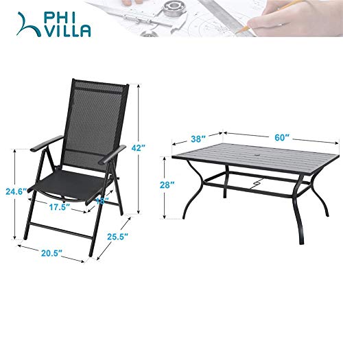 PHI VILLA 7 Pcs Patio Dining Set and 13ft Large Rectangle Patio Umbrella, 6 Outdoor Reclining Folding Sling Chair with Armrest & 1 Rectangle Metal Outdoor Dining Table for Lawn Garden (Beige)