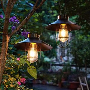 VILAWLENCE 2PCS Hanging Light Solar Lamp with Shepherd Hook Outdoor,Metal Waterproof Led Garden Lights,Edison Bulb Decorative for Patio,Yard,Porch(Copper)