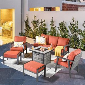 ovios patio furniture set 6 pcs all weather outdoor wicker rattan sofa set with fire pit table ottomans high back sofa thick cushion garden backyard porch (orange red)