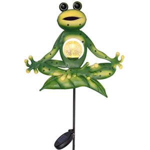 teresa’s collections 35 inch meditation yoga frog garden solar stake lights for outdoor decor, decorative metal green happy zen frog for outside patio lawn yard decoration