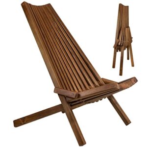 clevermade tamarack folding wooden outdoor chair -stylish low profile acacia wood lounge chair for the patio, porch, lawn, garden or home furniture – cinnamon