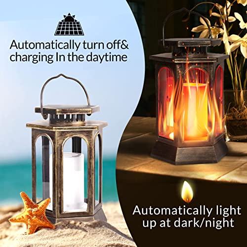 Walensee Solar Lights Outdoor With Flickering Flame (2 Pack Bronze) Upgraded Metal Solar Powered Lanterns Landscape Decoration Hanging Lighting Waterproof LED Umbrella Light for Patio Garden Deck Yard