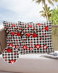 ocomster outdoor pillow covers waterproof, valentine’s day throw pillowcase decorative cover, red love tree bird black white plaid garden cushion case set of 2 for sofa, couch, tent, patio 16″x16″