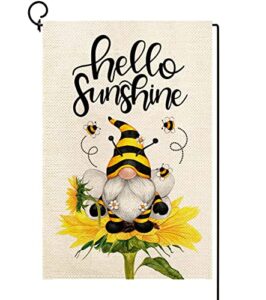 baccessor spring summer hello sunshine sunflower garden flag double sided, sunflower gnome bees funny gnome farmhouse yard flag seasonal holiday outdoor outside decoration 12.5×18 inch