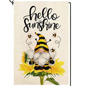 Baccessor Spring Summer Hello Sunshine Sunflower Garden Flag Double Sided, Sunflower Gnome Bees Funny Gnome Farmhouse Yard Flag Seasonal Holiday Outdoor Outside Decoration 12.5x18 Inch