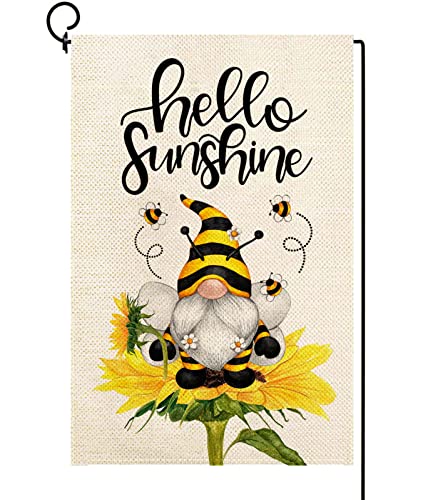 Baccessor Spring Summer Hello Sunshine Sunflower Garden Flag Double Sided, Sunflower Gnome Bees Funny Gnome Farmhouse Yard Flag Seasonal Holiday Outdoor Outside Decoration 12.5x18 Inch