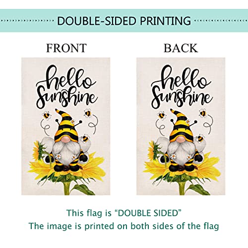 Baccessor Spring Summer Hello Sunshine Sunflower Garden Flag Double Sided, Sunflower Gnome Bees Funny Gnome Farmhouse Yard Flag Seasonal Holiday Outdoor Outside Decoration 12.5x18 Inch