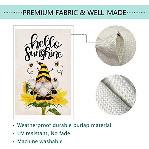 Baccessor Spring Summer Hello Sunshine Sunflower Garden Flag Double Sided, Sunflower Gnome Bees Funny Gnome Farmhouse Yard Flag Seasonal Holiday Outdoor Outside Decoration 12.5x18 Inch