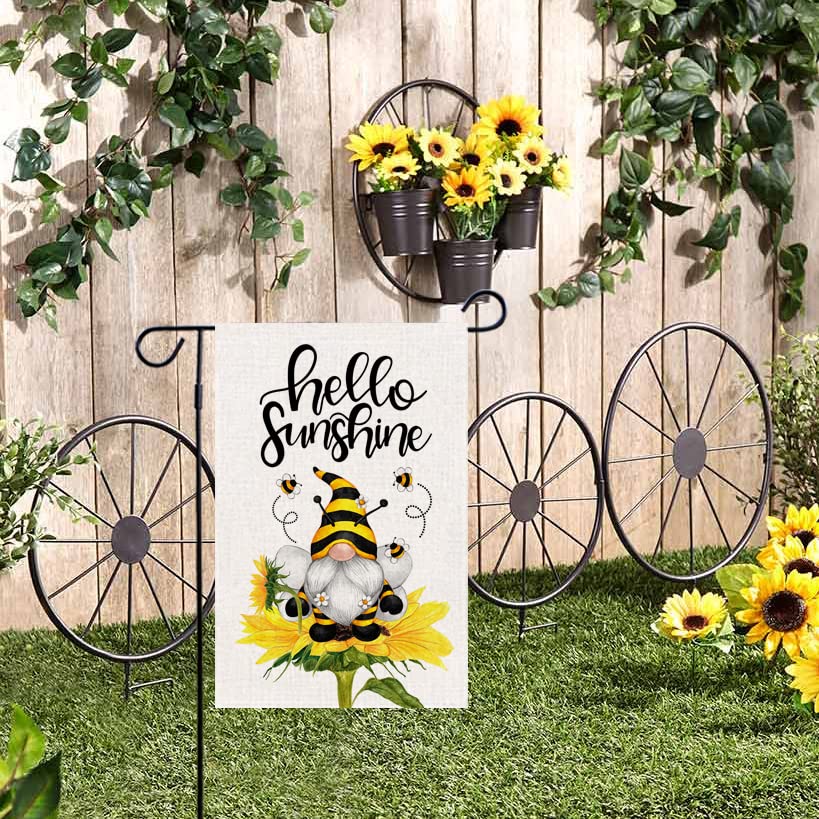 Baccessor Spring Summer Hello Sunshine Sunflower Garden Flag Double Sided, Sunflower Gnome Bees Funny Gnome Farmhouse Yard Flag Seasonal Holiday Outdoor Outside Decoration 12.5x18 Inch