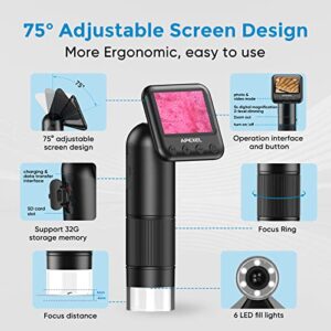 APEXEL Handheld Digital Microscope with 2” LCD Screen, 800X Pocket Portable Microscope for Kids with Adjustable Lights Coins Electronic Magnifier Camera, USB to PC Including SD Card