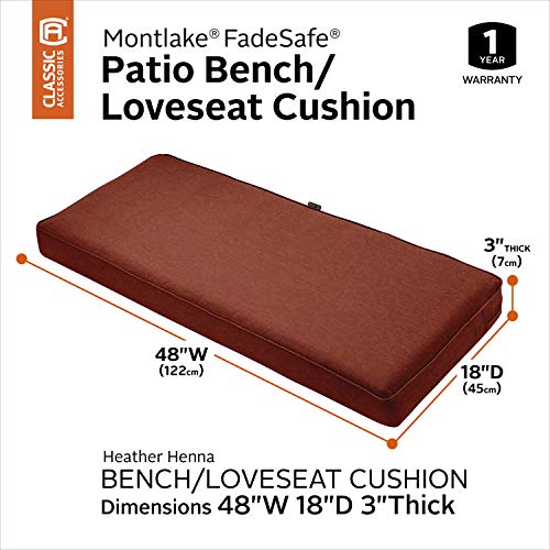 Classic Accessories Montlake FadeSafe Water-Resistant 48 x 18 x 3 Inch Outdoor Bench/Settee Cushion, Patio Furniture Swing Cushion, Heather Henna Red, Patio Loveseat Cushion