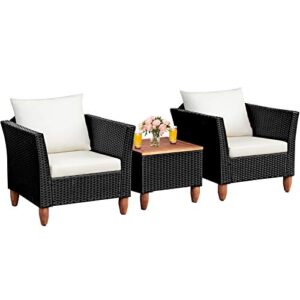 tangkula 3 piece patio furniture set, patiojoy outdoor wicker rattan bistro sofa set w/washable cushion, acacia wood top coffee table, conversation set for balcony backyard porch (white)