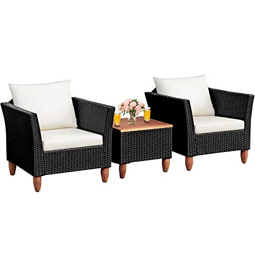 Tangkula 3 Piece Patio Furniture Set, Patiojoy Outdoor Wicker Rattan Bistro Sofa Set w/Washable Cushion, Acacia Wood Top Coffee Table, Conversation Set for Balcony Backyard Porch (White)