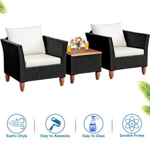 Tangkula 3 Piece Patio Furniture Set, Patiojoy Outdoor Wicker Rattan Bistro Sofa Set w/Washable Cushion, Acacia Wood Top Coffee Table, Conversation Set for Balcony Backyard Porch (White)