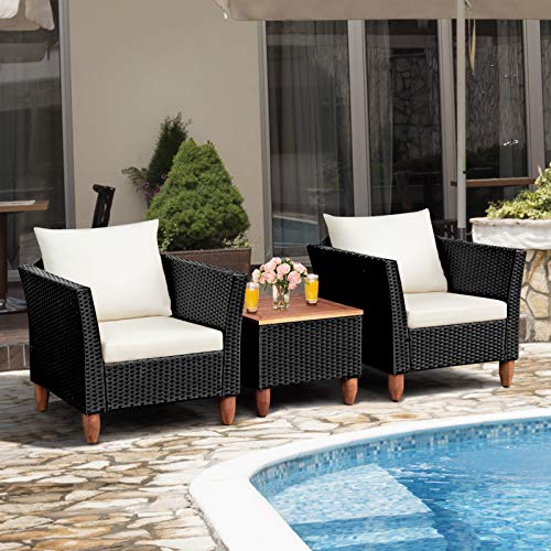 Tangkula 3 Piece Patio Furniture Set, Patiojoy Outdoor Wicker Rattan Bistro Sofa Set w/Washable Cushion, Acacia Wood Top Coffee Table, Conversation Set for Balcony Backyard Porch (White)