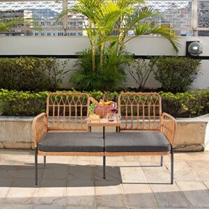 Leasbar Outdoor Patio Loveseat Rattan Conversation Furniture Set with Cushions Built-in Coffee Table for Garden Lawn Backyard Poolside