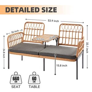 Leasbar Outdoor Patio Loveseat Rattan Conversation Furniture Set with Cushions Built-in Coffee Table for Garden Lawn Backyard Poolside