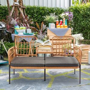 Leasbar Outdoor Patio Loveseat Rattan Conversation Furniture Set with Cushions Built-in Coffee Table for Garden Lawn Backyard Poolside