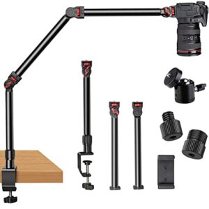 DImotliyor Overhead Camera Mount Desk Stand, 3-Section Flexible Detachable Articulating Arm with 1/4“ 3/8" 5/8" Screw&360° Ball Head, C-clamp Tabletop Mount for DSLR Camera/Webcam/Microphone/Lights