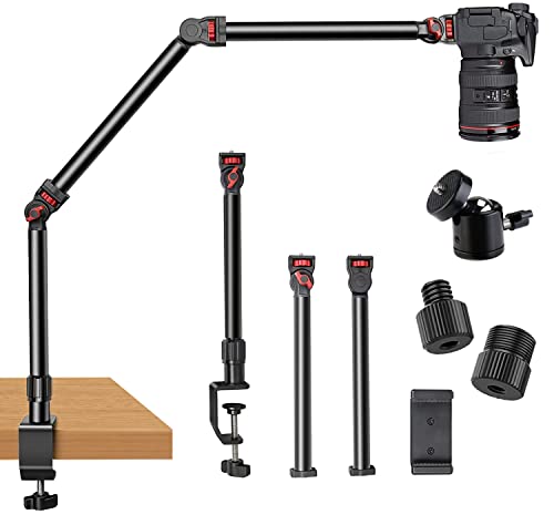 DImotliyor Overhead Camera Mount Desk Stand, 3-Section Flexible Detachable Articulating Arm with 1/4“ 3/8" 5/8" Screw&360° Ball Head, C-clamp Tabletop Mount for DSLR Camera/Webcam/Microphone/Lights