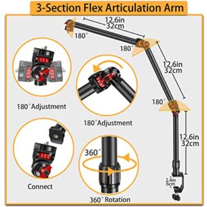 DImotliyor Overhead Camera Mount Desk Stand, 3-Section Flexible Detachable Articulating Arm with 1/4“ 3/8" 5/8" Screw&360° Ball Head, C-clamp Tabletop Mount for DSLR Camera/Webcam/Microphone/Lights