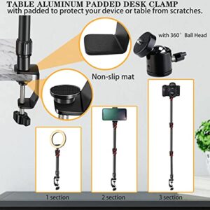 DImotliyor Overhead Camera Mount Desk Stand, 3-Section Flexible Detachable Articulating Arm with 1/4“ 3/8" 5/8" Screw&360° Ball Head, C-clamp Tabletop Mount for DSLR Camera/Webcam/Microphone/Lights