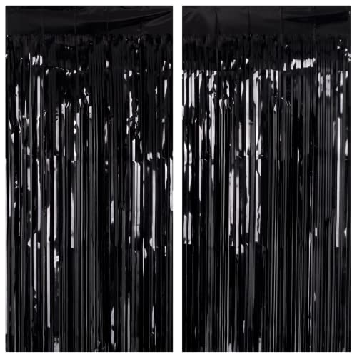 2 Pack 3.2ft x 8.2ft Black Tinsel Foil Fringe Curtains, Metallic Foil Tinsel Photo Booth Backdrop Streamer for New Years Decorations Halloween Bachelorette Birthday Holiday Celebration Party Supplies