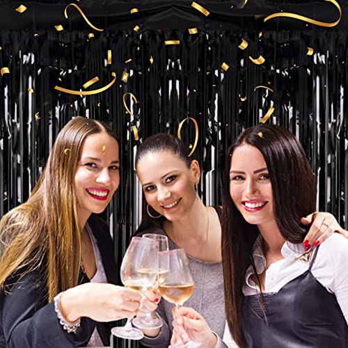 2 Pack 3.2ft x 8.2ft Black Tinsel Foil Fringe Curtains, Metallic Foil Tinsel Photo Booth Backdrop Streamer for New Years Decorations Halloween Bachelorette Birthday Holiday Celebration Party Supplies