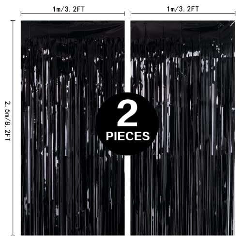 2 Pack 3.2ft x 8.2ft Black Tinsel Foil Fringe Curtains, Metallic Foil Tinsel Photo Booth Backdrop Streamer for New Years Decorations Halloween Bachelorette Birthday Holiday Celebration Party Supplies