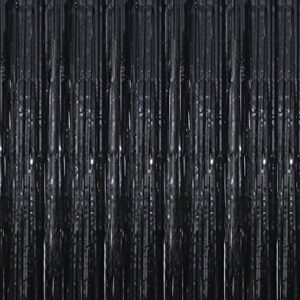 GOER 3.2 ft x 9.8 ft Metallic Tinsel Foil Fringe Curtains Party Photo Backdrop Party Streamers for Halloween,Birthday,Graduation,New Year Eve Decorations Wedding Decor (3 Packs,Black)