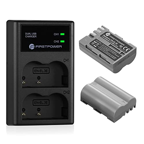 FirstPower EN-EL3e Battery 2-Pack 2200mAh and Dual USB Charger Compatible with Nikon D50, D70, D70s, D80, D90, D100, D200, D300, D300S, D700 Digital SLR Cameras