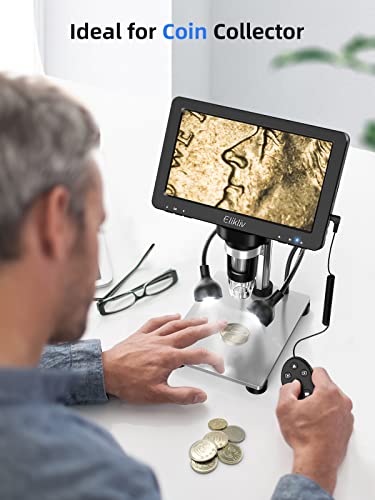 Elikliv 7" LCD Digital Microscope 1200X, 1080P Coin Microscope with Wired Remote, 12MP Ultra-Precise Focusing, 10 LED Fill Lights, PC View, Metal Stand, Windows/Mac Compatible, 32GB