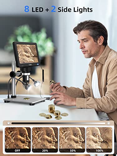 Elikliv 7" LCD Digital Microscope 1200X, 1080P Coin Microscope with Wired Remote, 12MP Ultra-Precise Focusing, 10 LED Fill Lights, PC View, Metal Stand, Windows/Mac Compatible, 32GB