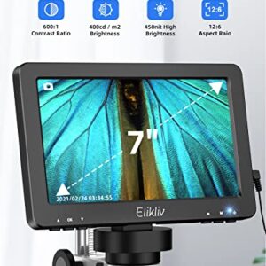 Elikliv 7" LCD Digital Microscope 1200X, 1080P Coin Microscope with Wired Remote, 12MP Ultra-Precise Focusing, 10 LED Fill Lights, PC View, Metal Stand, Windows/Mac Compatible, 32GB