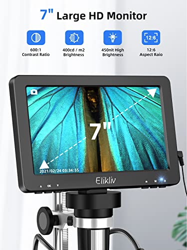 Elikliv 7" LCD Digital Microscope 1200X, 1080P Coin Microscope with Wired Remote, 12MP Ultra-Precise Focusing, 10 LED Fill Lights, PC View, Metal Stand, Windows/Mac Compatible, 32GB