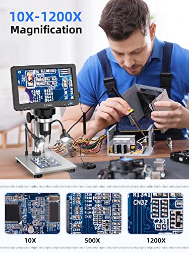 Elikliv 7" LCD Digital Microscope 1200X, 1080P Coin Microscope with Wired Remote, 12MP Ultra-Precise Focusing, 10 LED Fill Lights, PC View, Metal Stand, Windows/Mac Compatible, 32GB