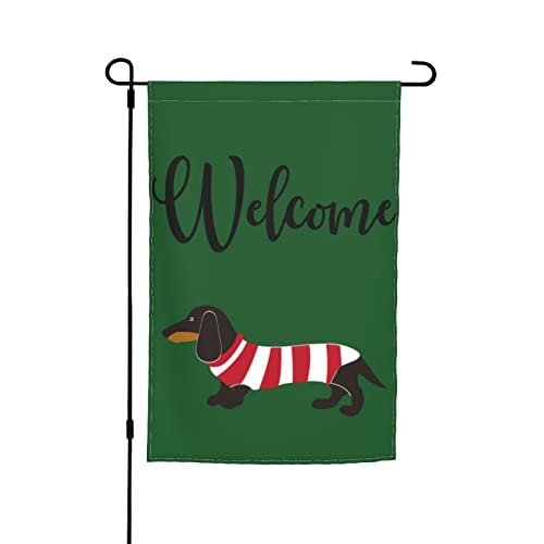 Garden Flags Dachshund Wearing Striped Sweater Premium Yard Flag Cute Pet Animal Dog Green Background Design Holiday Party Flag Outdoor Farmhouse Decor Home Porch Flags 12 x 18inch