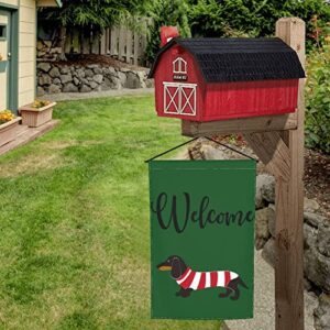 Garden Flags Dachshund Wearing Striped Sweater Premium Yard Flag Cute Pet Animal Dog Green Background Design Holiday Party Flag Outdoor Farmhouse Decor Home Porch Flags 12 x 18inch