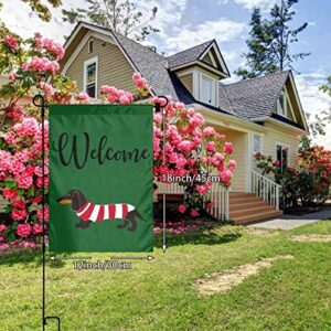 Garden Flags Dachshund Wearing Striped Sweater Premium Yard Flag Cute Pet Animal Dog Green Background Design Holiday Party Flag Outdoor Farmhouse Decor Home Porch Flags 12 x 18inch