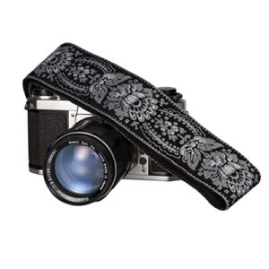 art tribute camera strap royal silver & black woven for all dslr camera. embroidered elegant universal neck & shoulder strap, unique pattern, best gift for men & women photographers