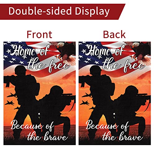 Patriotic Memorial Day Garden Flag Home of The Free Because of The Brave Soldier Garden Flags 4th of July 12x18 Inch Double Sided Burlap Yard Banner for Spring Summer Outdoor Decor(ONLY FLAG)